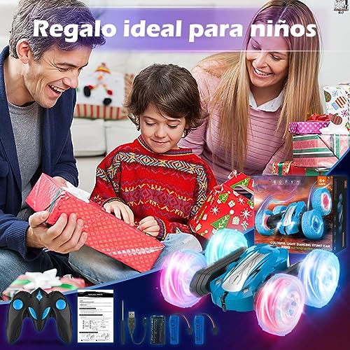 Rodzon Remote Control Car for Boys 3-12 with Wheel Light Headlights RC Car Toy Gift for 4 5 6 7 8 9 Years Old Boy Girl 4WD 2.4Ghz Double Sided Stunt Car 360° Flip Kids Birthday Christmas (Blue)