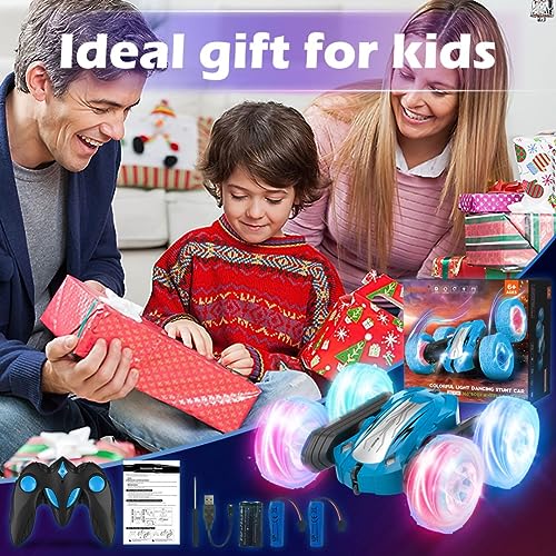 Rodzon Remote Control Car for Boys 3-12 with Wheel Light Headlights RC Car Toy Gift for 4 5 6 7 8 9 Years Old Boy Girl 4WD 2.4Ghz Double Sided Stunt Car 360° Flip Kids Birthday Christmas (Blue)