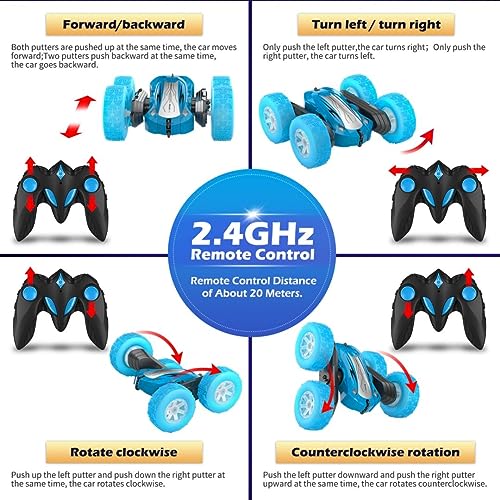 Rodzon Remote Control Car for Boys 3-12 with Wheel Light Headlights RC Car Toy Gift for 4 5 6 7 8 9 Years Old Boy Girl 4WD 2.4Ghz Double Sided Stunt Car 360° Flip Kids Birthday Christmas (Blue)