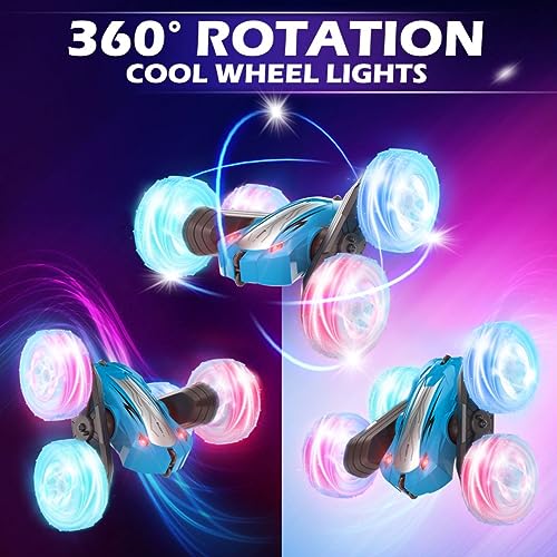 Rodzon Remote Control Car for Boys 3-12 with Wheel Light Headlights RC Car Toy Gift for 4 5 6 7 8 9 Years Old Boy Girl 4WD 2.4Ghz Double Sided Stunt Car 360° Flip Kids Birthday Christmas (Blue)