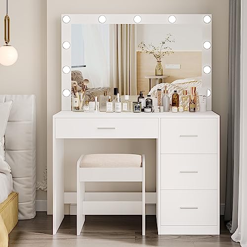 Irontar Makeup Vanity Table with Large Mirror, Vanity Desk with Chair and 11 LED Lights, Makeup Table with 4 Metal Sliding Drawers, Bedroom Vanity Table Set with Stool for Girls, Women, White WDT002WD