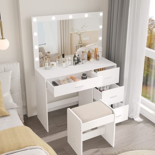 Irontar Makeup Vanity Table with Large Mirror, Vanity Desk with Chair and 11 LED Lights, Makeup Table with 4 Metal Sliding Drawers, Bedroom Vanity Table Set with Stool for Girls, Women, White WDT002WD