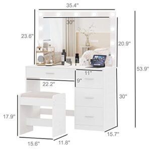 Irontar Makeup Vanity Table with Large Mirror, Vanity Desk with Chair and 11 LED Lights, Makeup Table with 4 Metal Sliding Drawers, Bedroom Vanity Table Set with Stool for Girls, Women, White WDT002WD