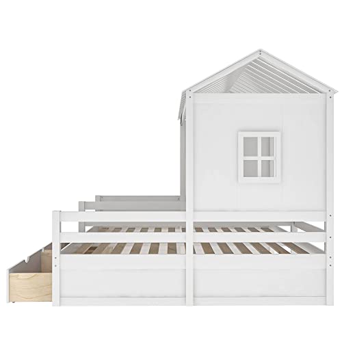 BIADNBZ Twin Size Double Platform Beds with Storage Drawers, Roof and Window, Wooden House-Shaped-Bed for Kids/Boys/Girls Bedroom, Dorm, White