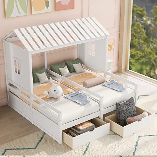 BIADNBZ Twin Size Double Platform Beds with Storage Drawers, Roof and Window, Wooden House-Shaped-Bed for Kids/Boys/Girls Bedroom, Dorm, White