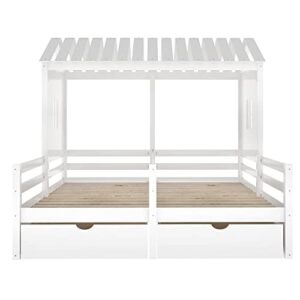 BIADNBZ Twin Size Double Platform Beds with Storage Drawers, Roof and Window, Wooden House-Shaped-Bed for Kids/Boys/Girls Bedroom, Dorm, White