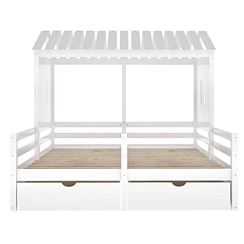 BIADNBZ Twin Size Double Platform Beds with Storage Drawers, Roof and Window, Wooden House-Shaped-Bed for Kids/Boys/Girls Bedroom, Dorm, White