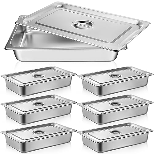 Dandat 6 Pack Full Size Steam Table Pans Deep Hotel Pan with Lid Thick Stainless Steel Pans Restaurant Commercial Trays Steam Food Containers for Chafing Dish Buffet, 20.8 x 12.8 x 3.9 Inch