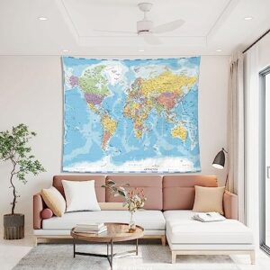 World Map Tapestry for Bedroom Map Men Tapestry Blue World Geographical Distribution Tapestry Aesthetics Large Poster Art Room Decor Wall Hanging for Student Kids Dorm Office Living Room (51''x 60'')