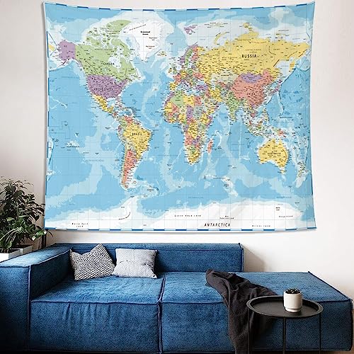 World Map Tapestry for Bedroom Map Men Tapestry Blue World Geographical Distribution Tapestry Aesthetics Large Poster Art Room Decor Wall Hanging for Student Kids Dorm Office Living Room (51''x 60'')