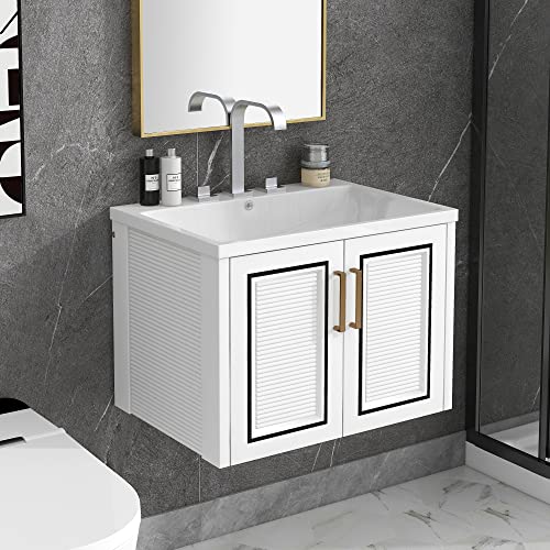 Bathroom Vanities24 inch with Sink,Floating Vanity Bathroom,with Two Shutter Doors, Solid Wood & MDF Board, White