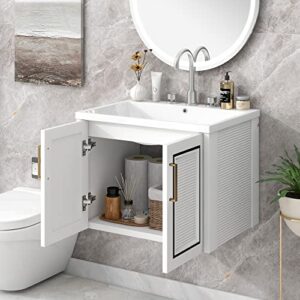 Bathroom Vanities24 inch with Sink,Floating Vanity Bathroom,with Two Shutter Doors, Solid Wood & MDF Board, White