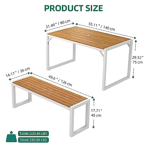 YITAHOME Patio Dining Table and Bench with Faux Wood Tabletop, Outdoor Dining Set for 4-6 People, All-Weather Picnic Conversation Set for Garden Backyard Poolside - White & Walnut