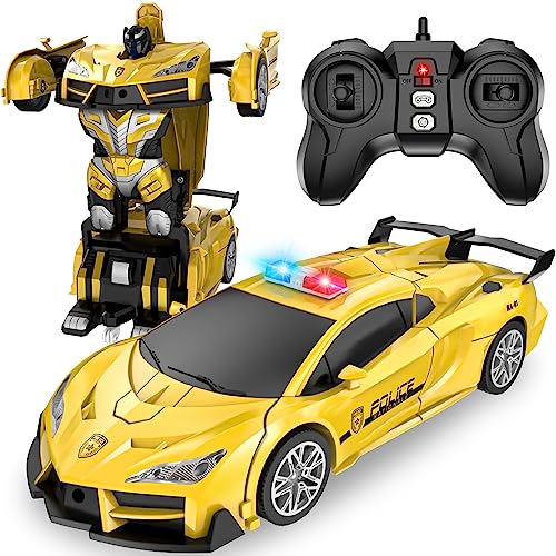 LNNKINE Remote Control Car, Transform Robot RC Cars, 2.4Ghz Transforming Police Car Toy with LED Light, One-Button Deformation and 360° Rotating Drifting, Toys for 5+ Year Old Boys/Girls