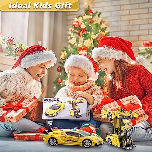 LNNKINE Remote Control Car, Transform Robot RC Cars, 2.4Ghz Transforming Police Car Toy with LED Light, One-Button Deformation and 360° Rotating Drifting, Toys for 5+ Year Old Boys/Girls