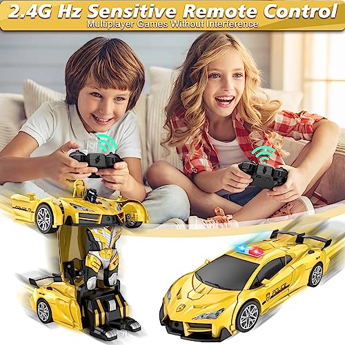 LNNKINE Remote Control Car, Transform Robot RC Cars, 2.4Ghz Transforming Police Car Toy with LED Light, One-Button Deformation and 360° Rotating Drifting, Toys for 5+ Year Old Boys/Girls