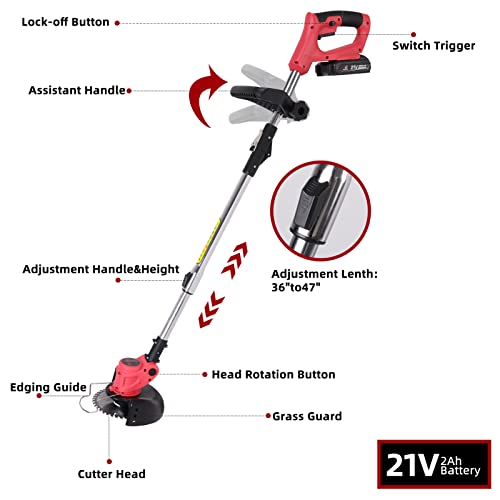 Weed Eater, 21V 2Ah 3-in-1 Li-Ion Cordless String Trimmer with 10Pcs Straw Rope,Weed Wacker Foldable for Home Garden Yard Mowing (red)