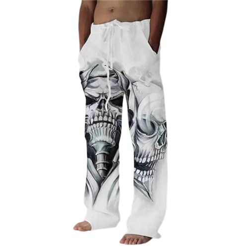 YIBIMOTTO Casual Straight Leg Pant for Men Summer Trouser Loose Fit Yoga Pant Mens Daily Beach Novelty Graphic Pants Elastic Drawstring Waist Pants with Pockets,White Skull,XL