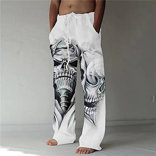 YIBIMOTTO Casual Straight Leg Pant for Men Summer Trouser Loose Fit Yoga Pant Mens Daily Beach Novelty Graphic Pants Elastic Drawstring Waist Pants with Pockets,White Skull,XL