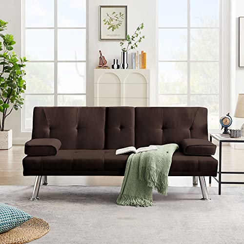 Yone jx je Convertible Folding Futon Sofa Bed,PU Leather Upholstered Modern Couch Loveseat Sleeper, Folding Daybed Guest Bed, Removable Armrests, 2 Cup Holders, Metal Legs (Brown)