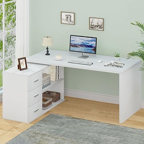 HSH White L Shaped Desk with Drawers Shelves, Corner Home Office Desk L Shape with Storage Cabinet, Large Wood Computer Desk for PC Executive Work Writing Study, Modern Living Room Bedroom Table,60 In