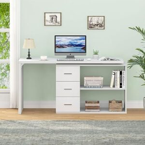 HSH White L Shaped Desk with Drawers Shelves, Corner Home Office Desk L Shape with Storage Cabinet, Large Wood Computer Desk for PC Executive Work Writing Study, Modern Living Room Bedroom Table,60 In