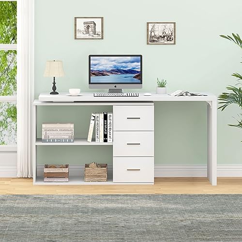 HSH White L Shaped Desk with Drawers Shelves, Corner Home Office Desk L Shape with Storage Cabinet, Large Wood Computer Desk for PC Executive Work Writing Study, Modern Living Room Bedroom Table,60 In