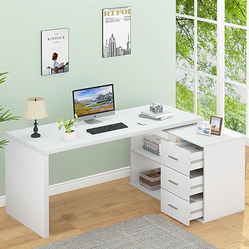 HSH White L Shaped Desk with Drawers Shelves, Corner Home Office Desk L Shape with Storage Cabinet, Large Wood Computer Desk for PC Executive Work Writing Study, Modern Living Room Bedroom Table,60 In