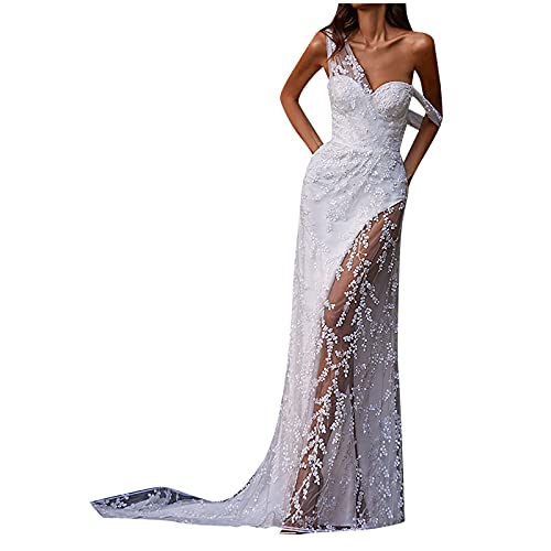 Women's Illusion Lace Beach Wedding Dresses for Bride 2023 Summer Bridal Gowns Sleeveless A-Line Slit Evening Dresses