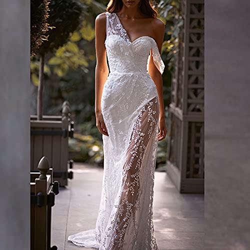 Women's Illusion Lace Beach Wedding Dresses for Bride 2023 Summer Bridal Gowns Sleeveless A-Line Slit Evening Dresses