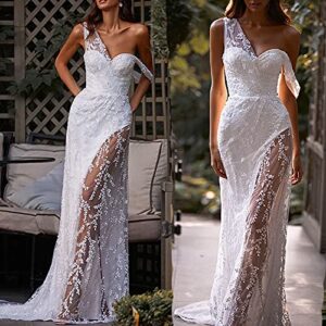 Women's Illusion Lace Beach Wedding Dresses for Bride 2023 Summer Bridal Gowns Sleeveless A-Line Slit Evening Dresses