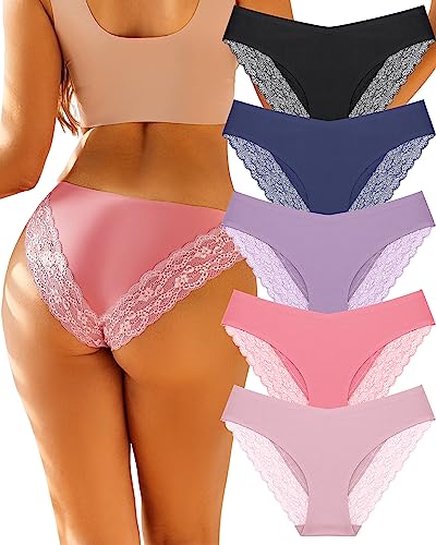 FINETOO Underwear for Women Lace Sexy Hipster V Cut No Show Bikini Panties Seamless Cheeky 5 Pack S-XL