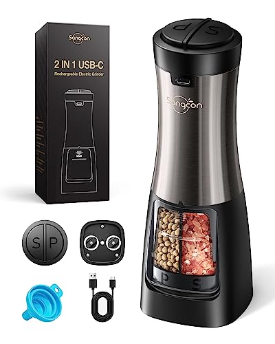 2 in 1 Electric Salt and Pepper Grinder Set Shaker USB Rechargeable, Sangcon Salt and Pepper Grinder Mill Set Dual In One, Automatic Refillable Adjustable Coarseness Ceramic Grinder with Light