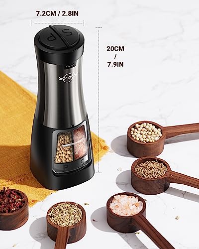 2 in 1 Electric Salt and Pepper Grinder Set Shaker USB Rechargeable, Sangcon Salt and Pepper Grinder Mill Set Dual In One, Automatic Refillable Adjustable Coarseness Ceramic Grinder with Light