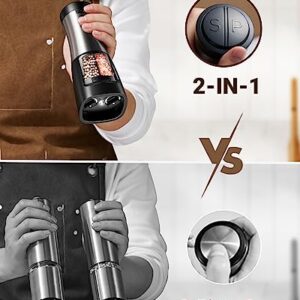 2 in 1 Electric Salt and Pepper Grinder Set Shaker USB Rechargeable, Sangcon Salt and Pepper Grinder Mill Set Dual In One, Automatic Refillable Adjustable Coarseness Ceramic Grinder with Light