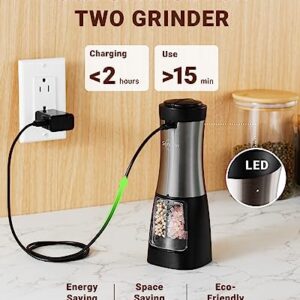 2 in 1 Electric Salt and Pepper Grinder Set Shaker USB Rechargeable, Sangcon Salt and Pepper Grinder Mill Set Dual In One, Automatic Refillable Adjustable Coarseness Ceramic Grinder with Light