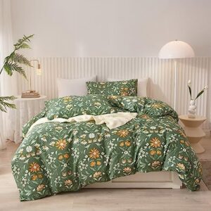 mucalis dark green duvet cover floral queen 100% cotton botanical yellow and white flowers pattern 3 piece bedding set with zipper closure corner ties,durable,breathable,easy care