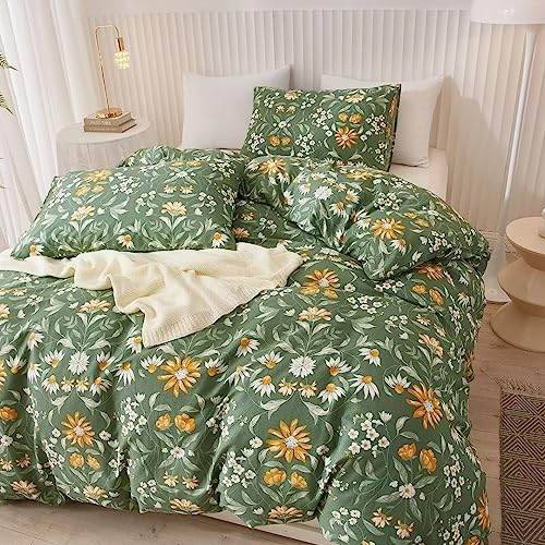 Mucalis Dark Green Duvet Cover Floral Queen 100% Cotton Botanical Yellow and White Flowers Pattern 3 Piece Bedding Set with Zipper Closure Corner Ties,Durable,Breathable,Easy Care