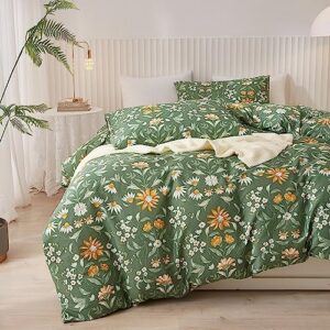 Mucalis Dark Green Duvet Cover Floral Queen 100% Cotton Botanical Yellow and White Flowers Pattern 3 Piece Bedding Set with Zipper Closure Corner Ties,Durable,Breathable,Easy Care