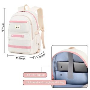 VIRTUREVI School Backpack for Girls Waterproof Laptop Backpack School Bag Bookbag for Teen Girls Cream