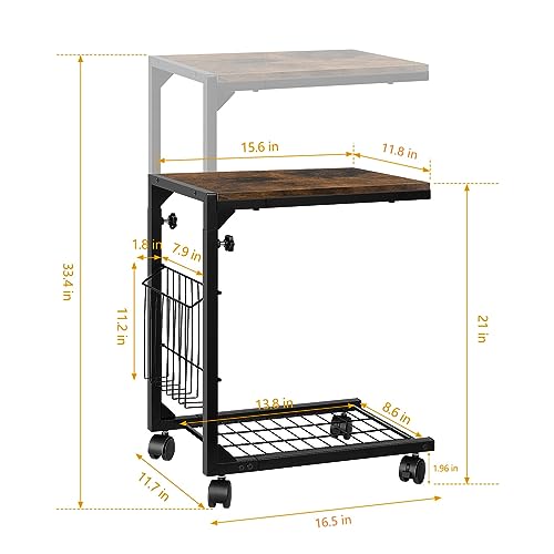 C Shaped Side Table End Table with Storage Small Sofa Table with Wheels Height Adjustable Couch Tables That Slide Under Snack Side Table for Living Room Bedroom, Rustic Brown