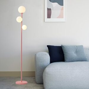 Fiqevs Pink Floor Lamp with Sphere Frosted Glass Shade, 3 Globe Mid Century Modern Floor Lamp with Three 3000K LED Bulbs, Cute LED Tall Standing Lamp for Living Room, Girls Room, Bedroom