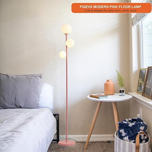 Fiqevs Pink Floor Lamp with Sphere Frosted Glass Shade, 3 Globe Mid Century Modern Floor Lamp with Three 3000K LED Bulbs, Cute LED Tall Standing Lamp for Living Room, Girls Room, Bedroom