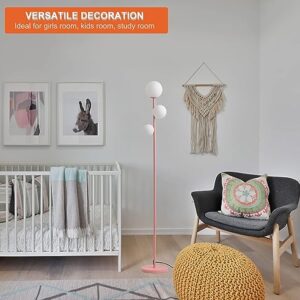 Fiqevs Pink Floor Lamp with Sphere Frosted Glass Shade, 3 Globe Mid Century Modern Floor Lamp with Three 3000K LED Bulbs, Cute LED Tall Standing Lamp for Living Room, Girls Room, Bedroom