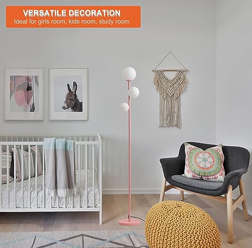 Fiqevs Pink Floor Lamp with Sphere Frosted Glass Shade, 3 Globe Mid Century Modern Floor Lamp with Three 3000K LED Bulbs, Cute LED Tall Standing Lamp for Living Room, Girls Room, Bedroom