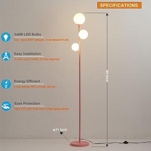 Fiqevs Pink Floor Lamp with Sphere Frosted Glass Shade, 3 Globe Mid Century Modern Floor Lamp with Three 3000K LED Bulbs, Cute LED Tall Standing Lamp for Living Room, Girls Room, Bedroom