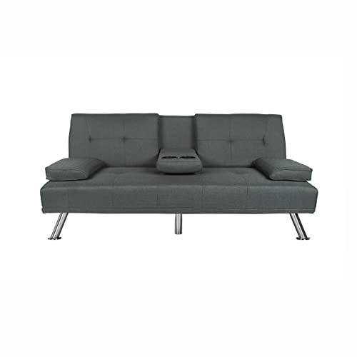 FULife Futon Sofa Convertible Sleeper Couch Bed Daybed Loveseat, Folding Recliner with 2 Cup Holders, Metal Legs, Removable Soft Pillow-Top Armrest for Living Room Small Place, Dark Grey 66.1