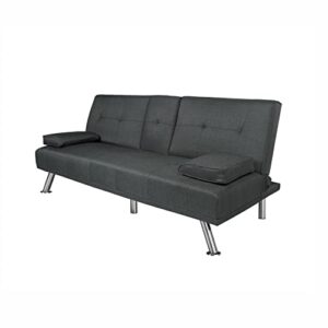 FULife Futon Sofa Convertible Sleeper Couch Bed Daybed Loveseat, Folding Recliner with 2 Cup Holders, Metal Legs, Removable Soft Pillow-Top Armrest for Living Room Small Place, Dark Grey 66.1