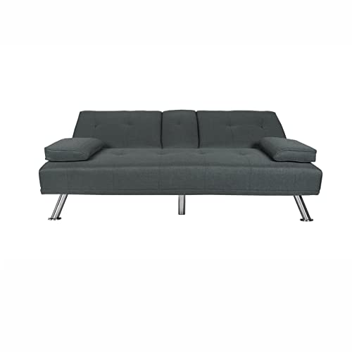 FULife Futon Sofa Convertible Sleeper Couch Bed Daybed Loveseat, Folding Recliner with 2 Cup Holders, Metal Legs, Removable Soft Pillow-Top Armrest for Living Room Small Place, Dark Grey 66.1