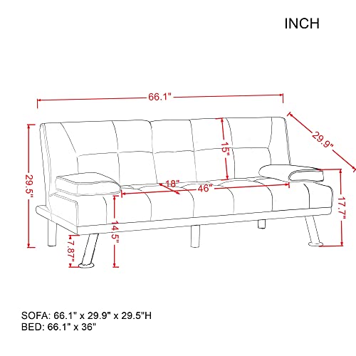 FULife Futon Sofa Convertible Sleeper Couch Bed Daybed Loveseat, Folding Recliner with 2 Cup Holders, Metal Legs, Removable Soft Pillow-Top Armrest for Living Room Small Place, Dark Grey 66.1